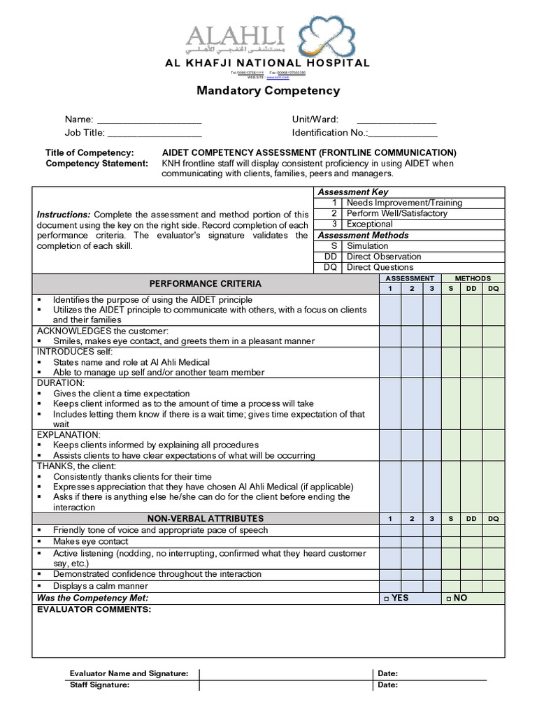 Competency Checklist Aidet | PDF | Nonverbal Communication | Psychology