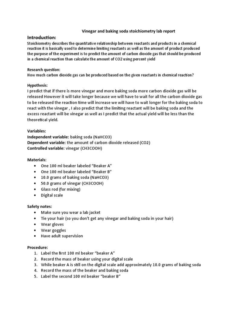 Vinegar and Baking Soda Stoichiometry Lab Report | PDF | Stoichiometry ...