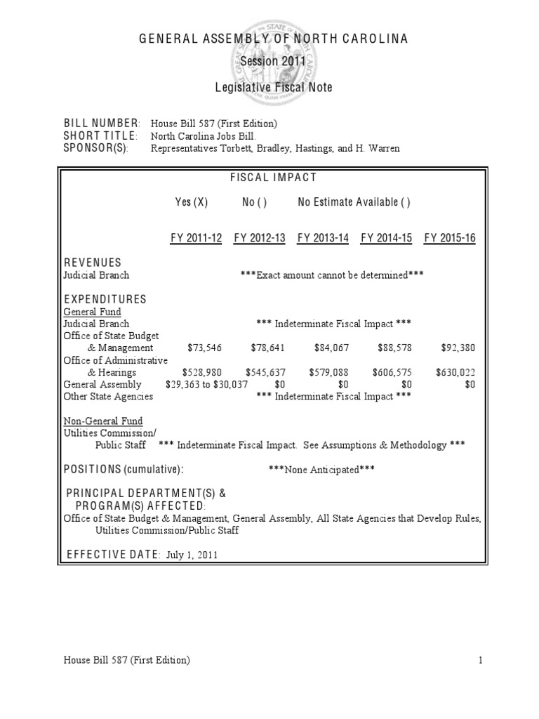H587 Fiscal Note | PDF | Cost–Benefit Analysis | Court System Of Canada