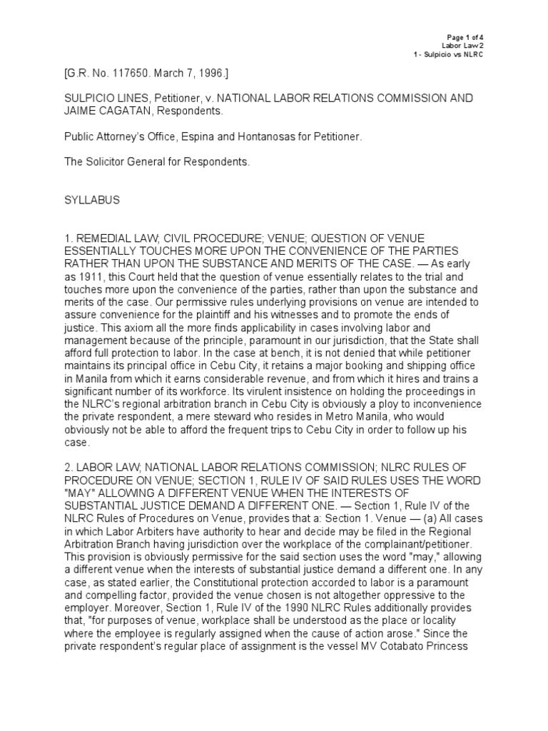 1 - Sulpicio Vs NLRC | PDF | Arbitration | Complaint