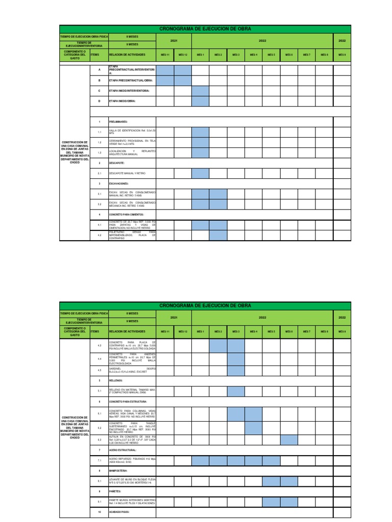 12-Cronograma de Ejecucion de Obra Casa Comunal-Juntas Del Tamana-Novita | PDF | Materiales de ...