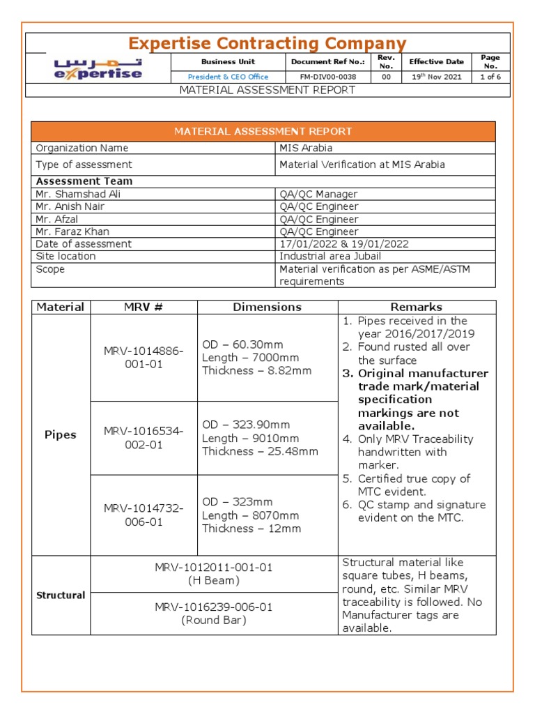 MATERIAL ASSESSMENT REPORT - MIS ARABIA | PDF | Pipe (Fluid Conveyance ...