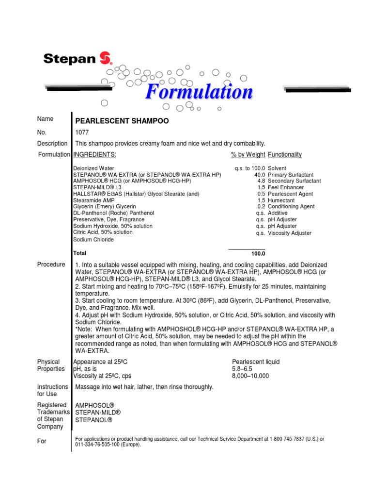 Stepan Formulation 1077 | PDF | Shampoo | Surfactant