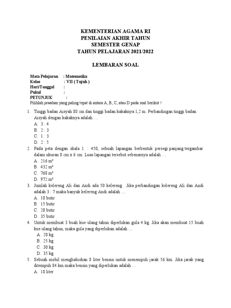 Soal Pat MTK Kelas 7 Semester 2 | PDF