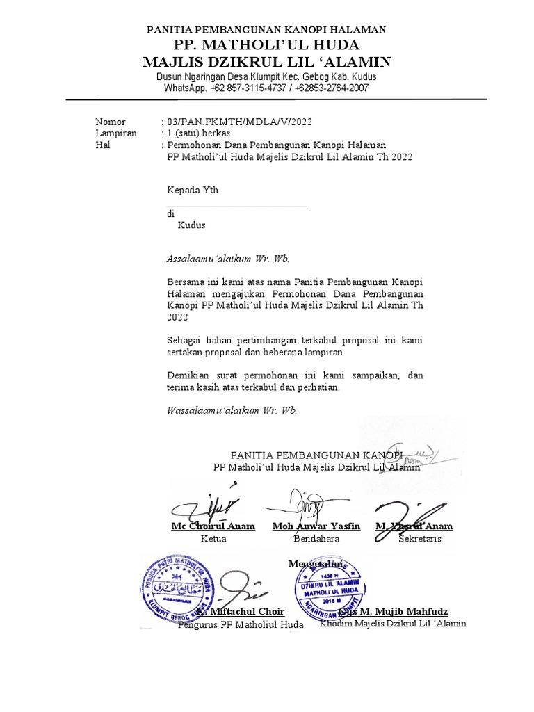 Proposal Kanopi Matholiul Huda | PDF