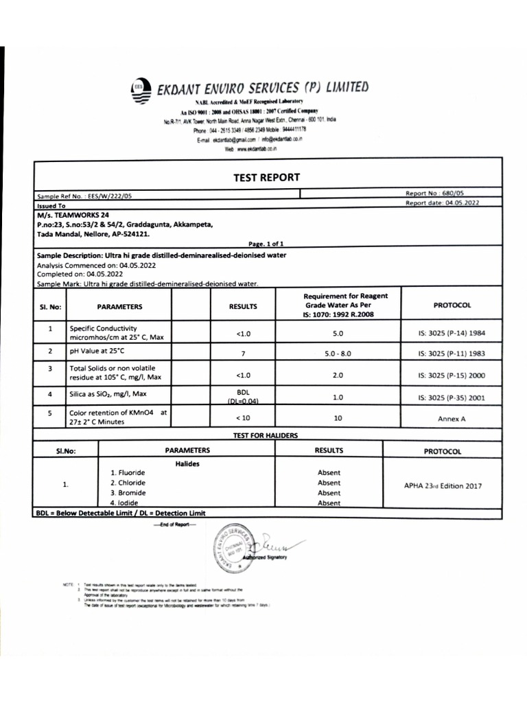 Distilled Water COA | PDF