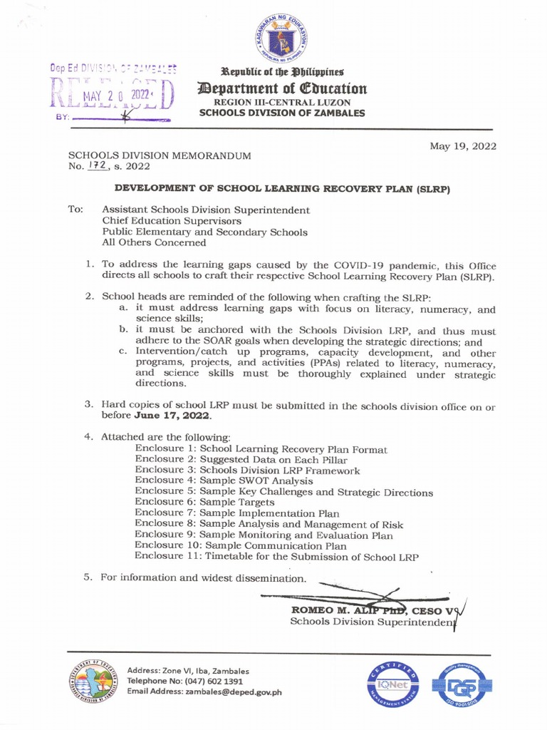 SDM No. 172, s. 2022 – Development of School Learning Recovery Plan ...
