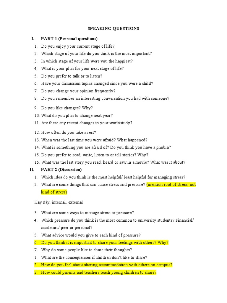 Speaking Questions I. PART 1 (Personal Questions) | PDF
