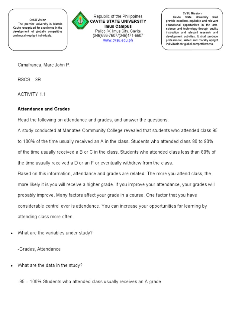Attendance and Grades: Cavite State University Imus Campus | PDF | Statistics | Cognition