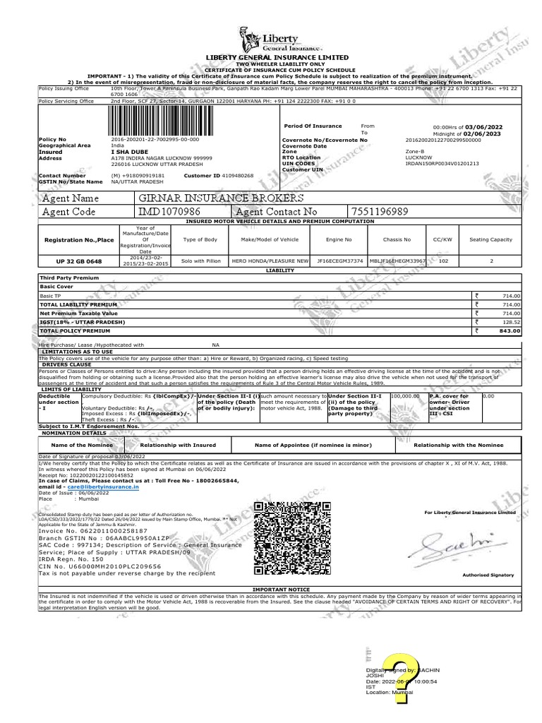 Agent Name Girnar Insurance Brokers Agent Code IMD1070986 Agent Contact ...