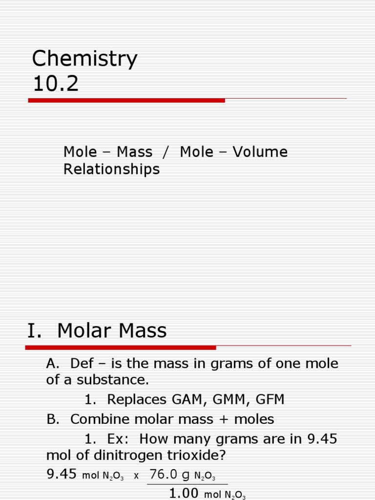 Chemistry 10.2: Mole - Mass / Mole - Volume Relationships | PDF