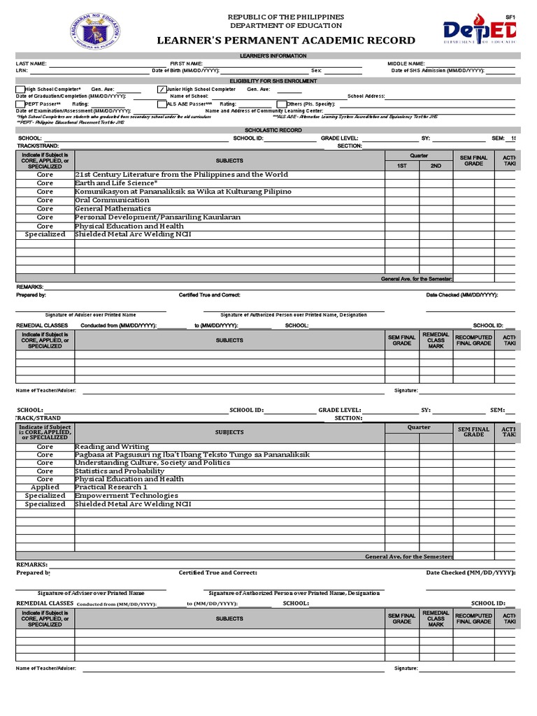 Learner'S Permanent Academic Record: Conducted From (MM/DD/YYYY) : To ...