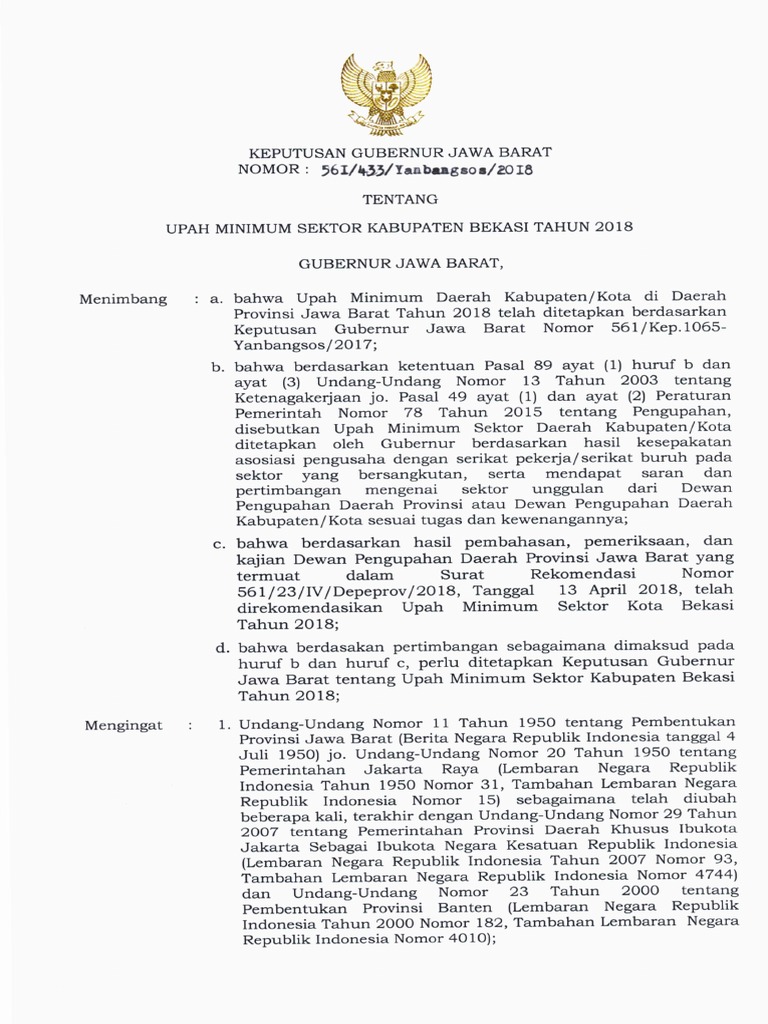 SK Gub Jabar No 561 433 Tahun 2018 Umsk Kab Bekasi Tahun 2018 | PDF