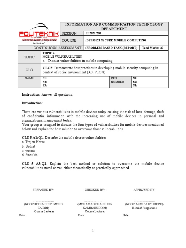 Dfp50123 Secure Mobile Computing: Problem Based Task (Report) Total Marks: 20 Topic 4 | PDF ...