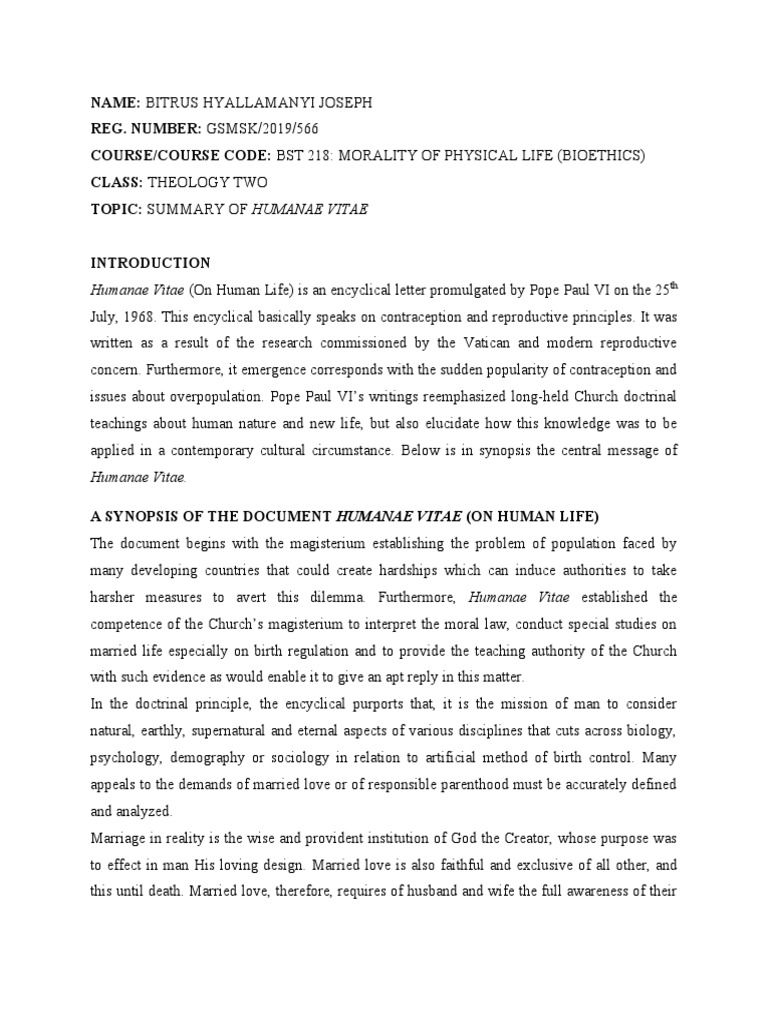 Summary of Humanae Vitae | PDF | Marriage