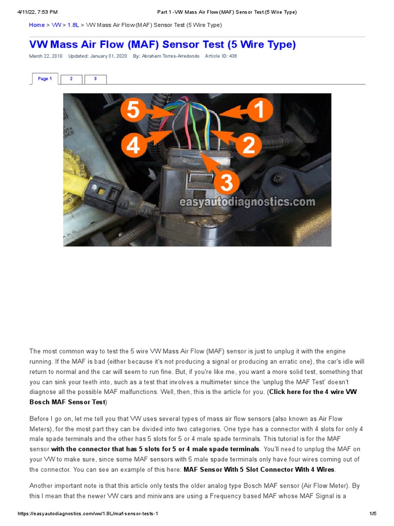 Part 1 - VW Mass Air Flow (MAF) Sensor Test (5 Wire Type) | PDF ...