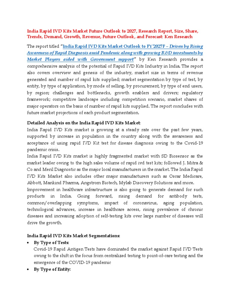 India Rapid IVD Kits Market Outlook To FY'2027F, Research Report PDF ...
