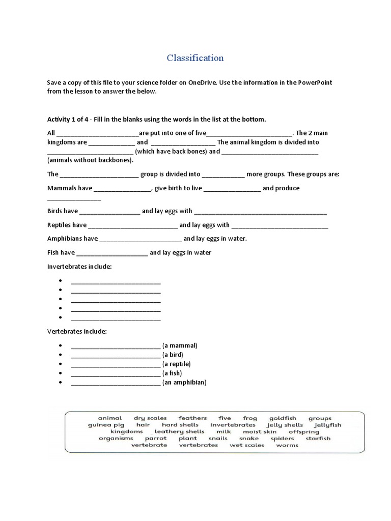 Classification: Activity 1 of 4 - Fill in The Blanks Using The Words in ...