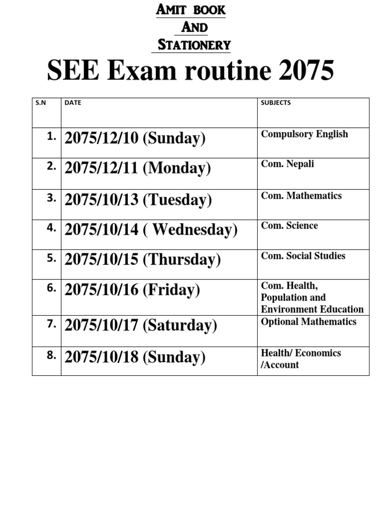 SEE Exam Routine 2075 | PDF