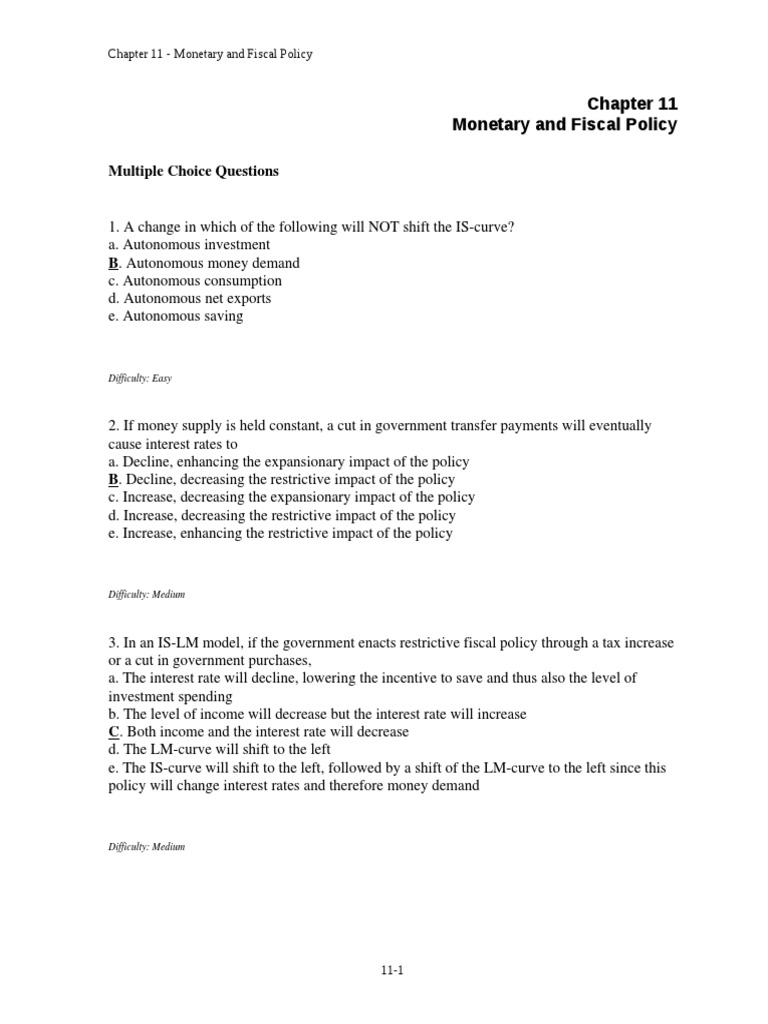 Multiple Choice Questions: Monetary and Fiscal Policy | PDF | Fiscal ...