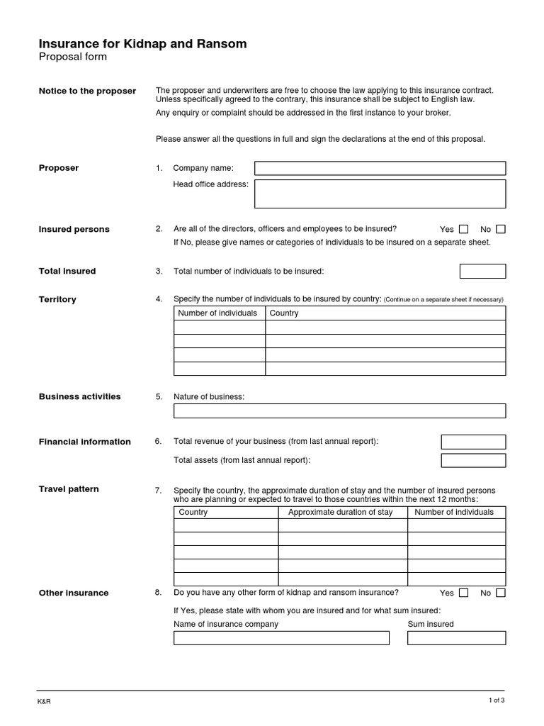 Kidnap and Ransom Proposal Form-1 | PDF | Insurance | Underwriting