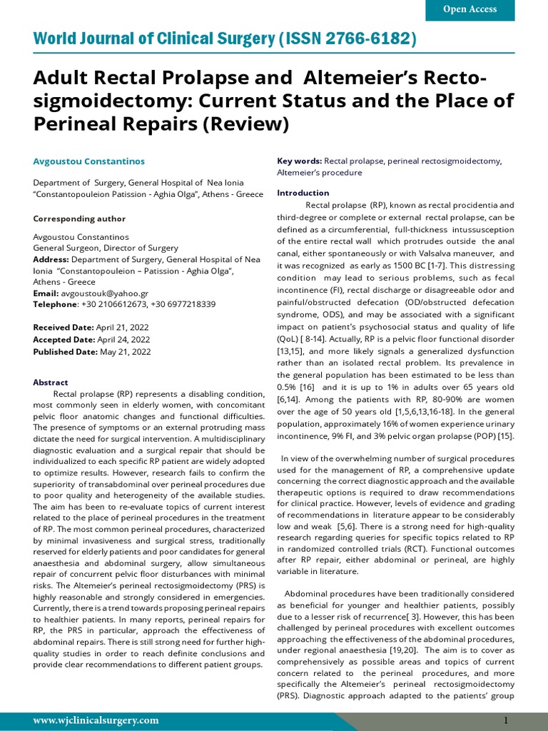 Adult Rectal Prolapse and Altemeiers Rectosigmoidectomy Current Status ...