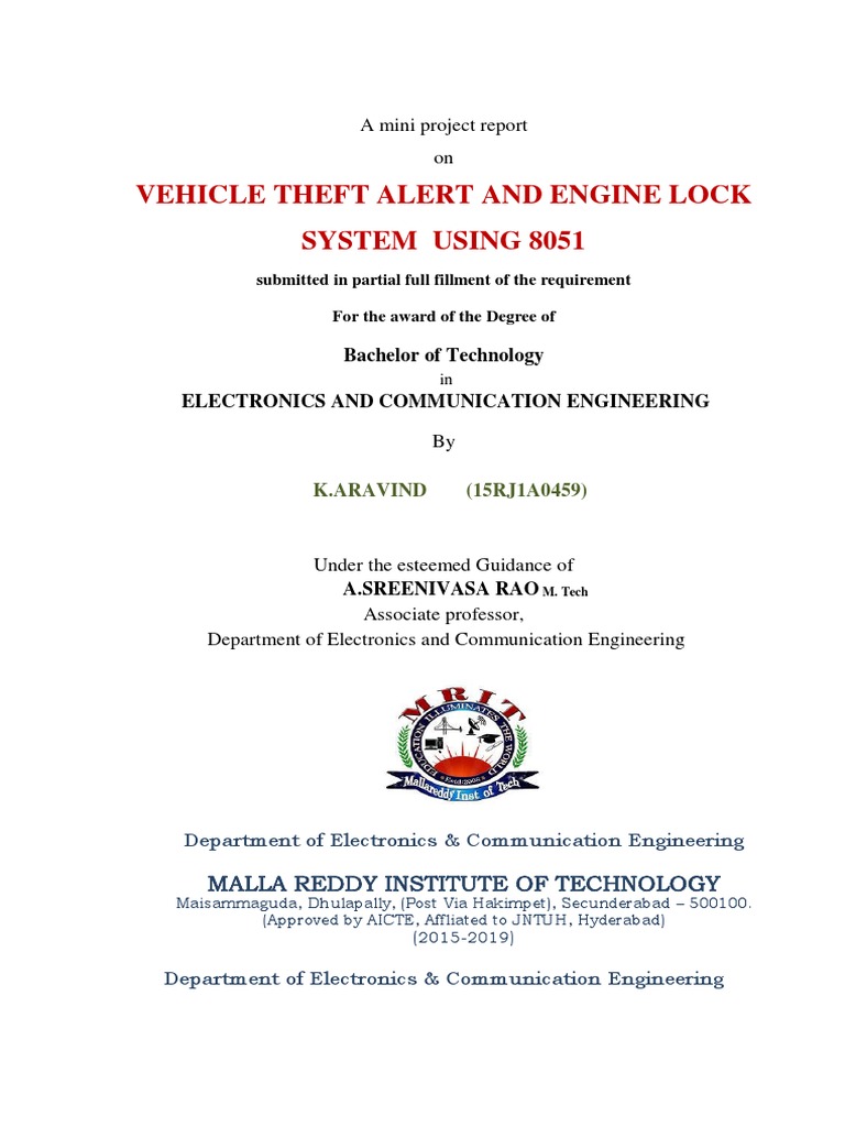 Vehicle Theft Alert and Engine Lock System Using 8051: A Mini Project ...