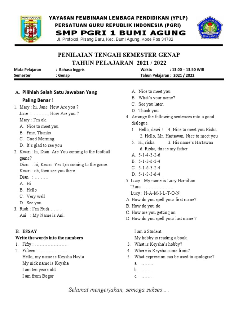Soal UTS Bhs Inggris Kls 7 Sem 2 THN 2022 | PDF