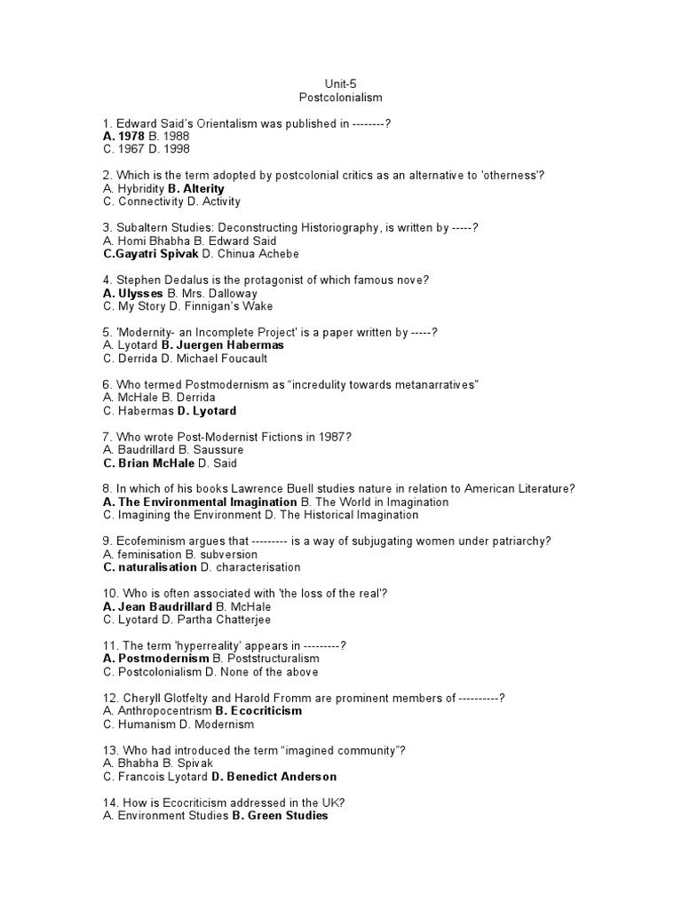 Unit-5 Postcolonialism | PDF | Postcolonialism | Postmodernism