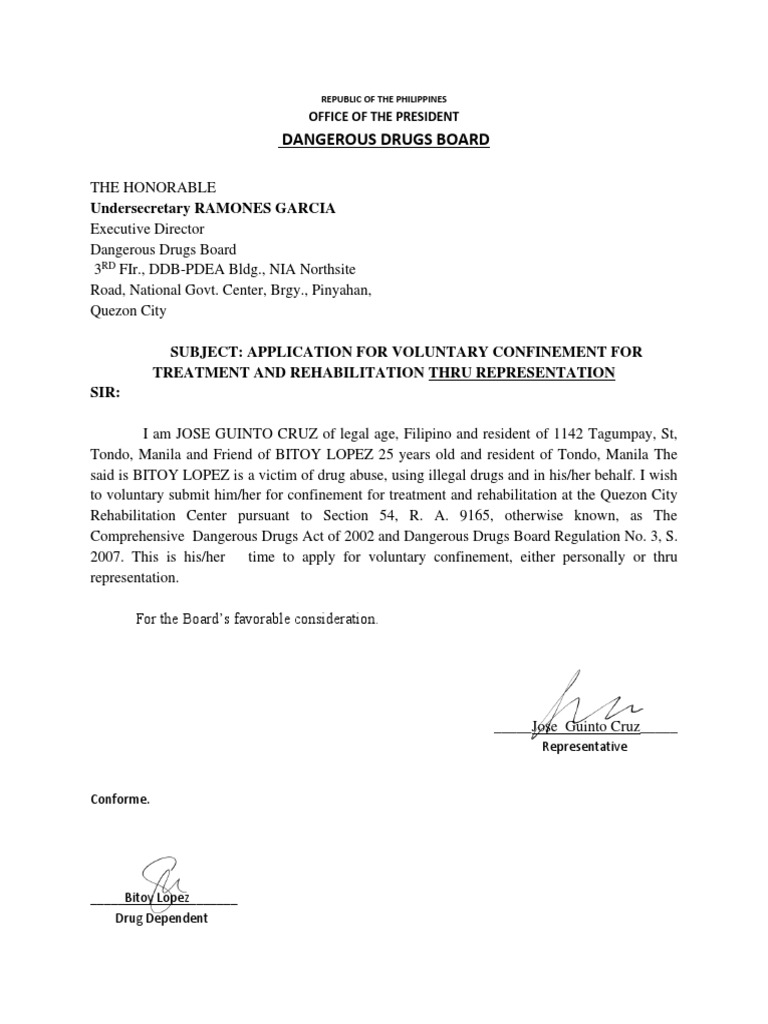 Pettion - Application For A Voluntary Confinement For Drug Dependent ...