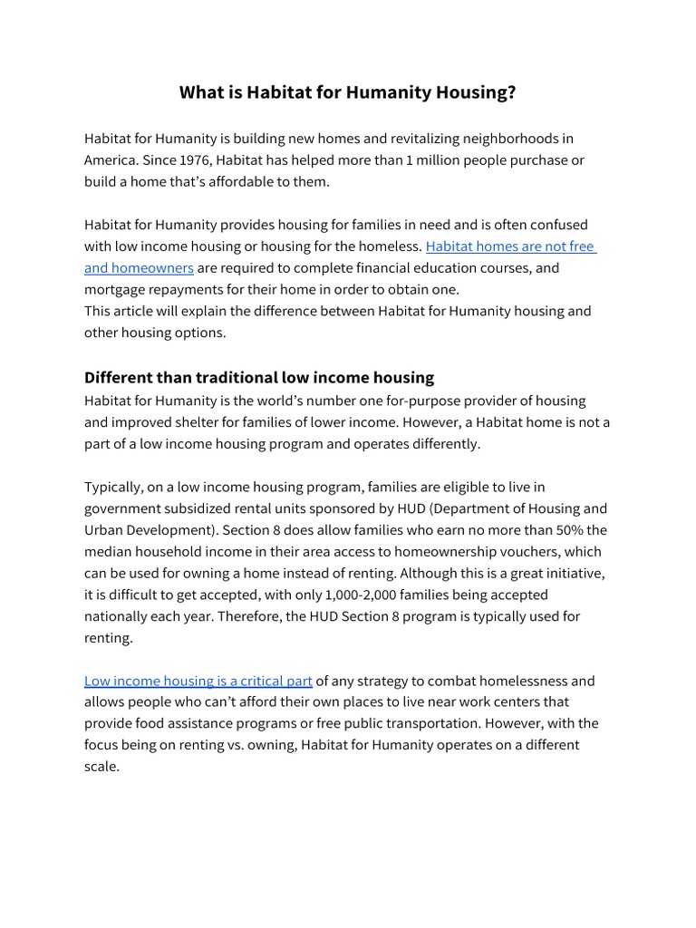 What Is Habitat For Humanity Housing | PDF | Section 8 (Housing) | Poverty
