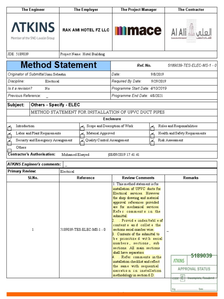 Method Statement Elect Pipe Underground | PDF | Specification (Technical Standard) | Safety