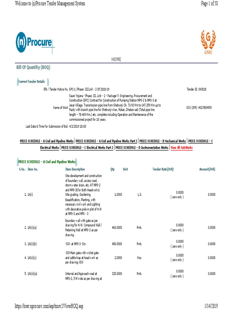 Bill of Quantity (BOQ) : Current Tender Details | PDF | Pipe (Fluid ...