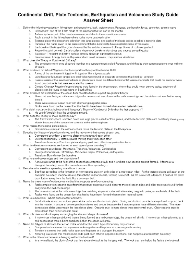 Plate Tectonics, Earthquakes, and Volcanoes STudy Guide Answer Key | PDF