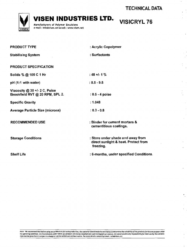 Visen Industries Ltd. : Visicryl 76 | PDF | Applied And ...