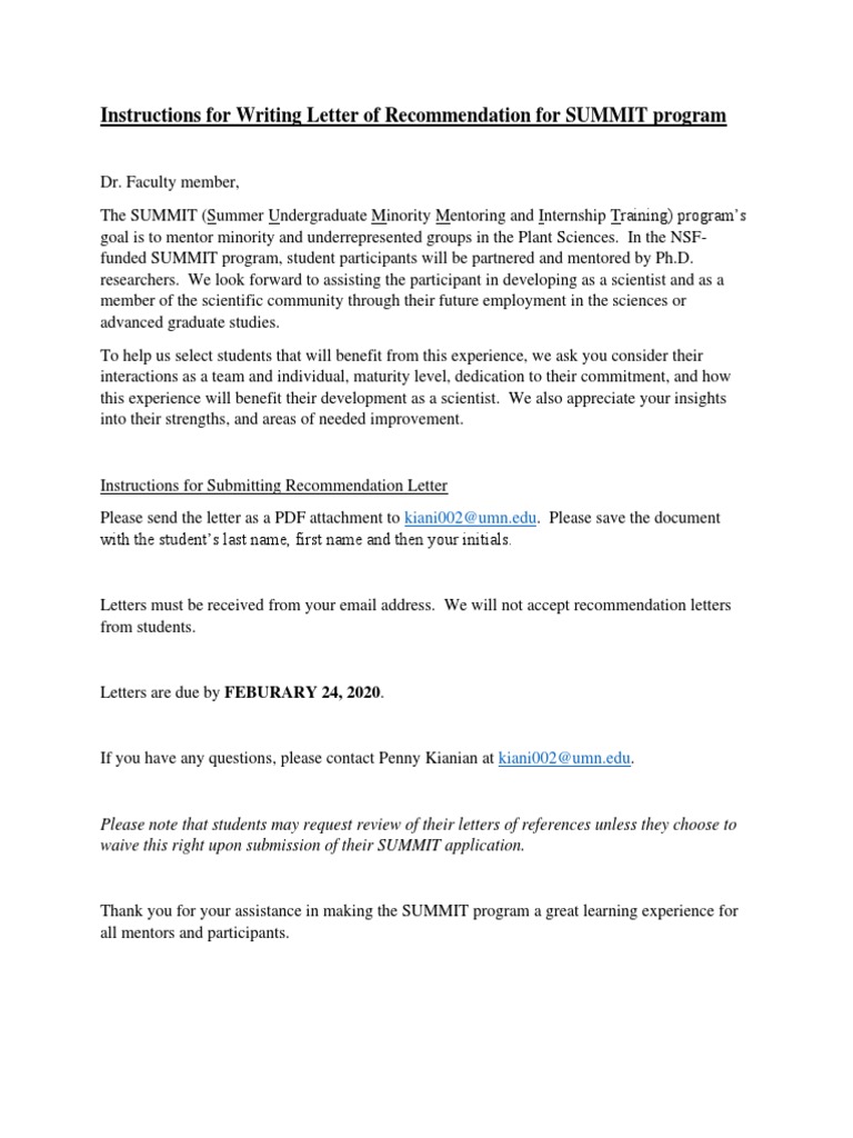 Instructions For Writing Letter of Recommendation For SUMMIT Program | PDF