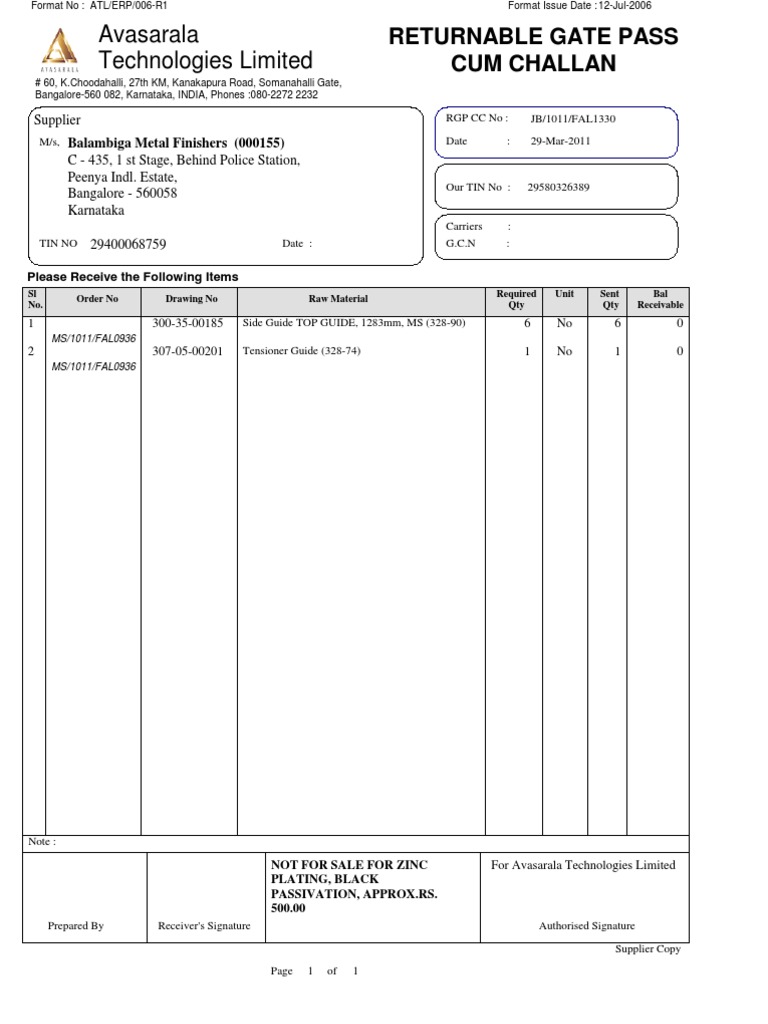 Returnable Gate Pass Format Template | PDF