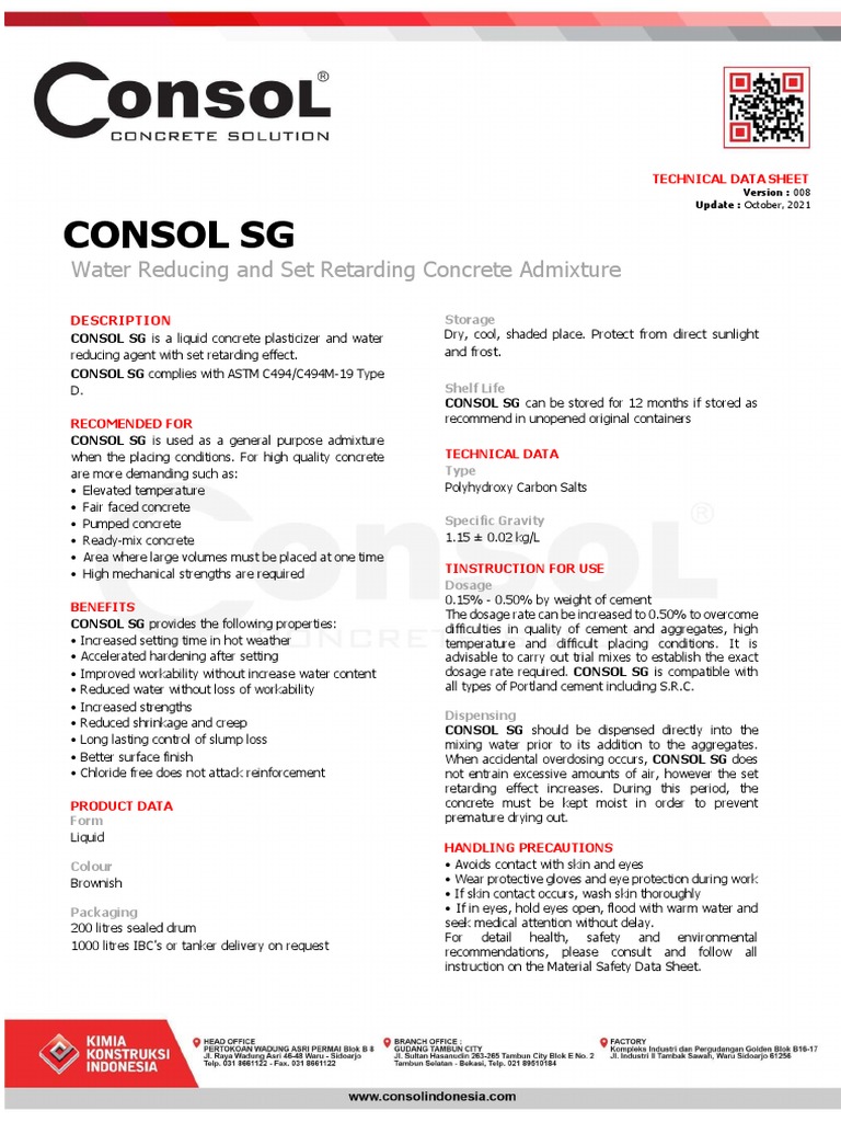 Consol SG: Water Reducing and Set Retarding Concrete Admixture | PDF ...