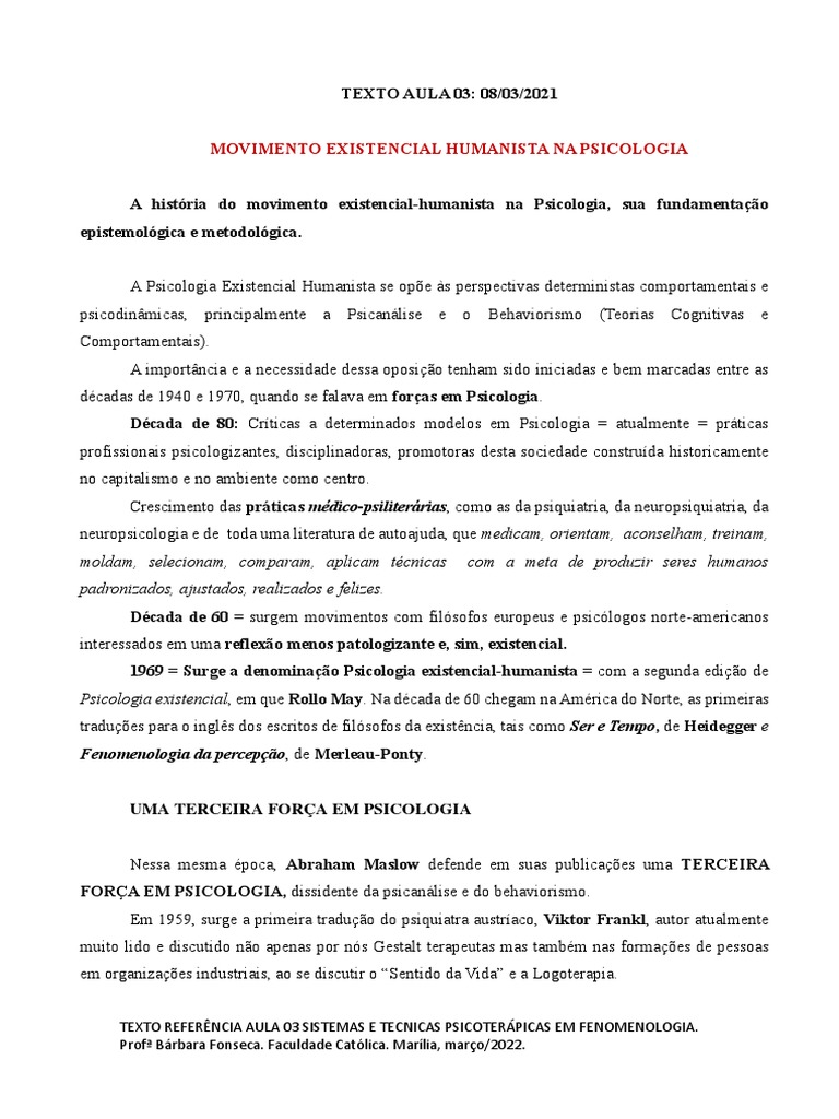Texto Complementar Aula 02 Movimento Existencial Humanista Na Psicologia | Download grátis PDF ...