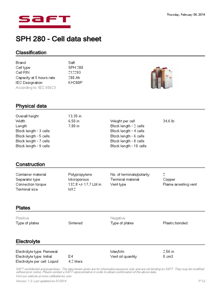 SPH 280 - Cell Data Sheet: Classification | PDF | Chemistry | Electricity