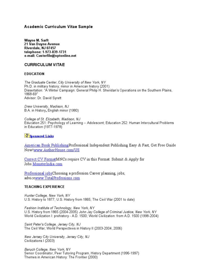 Academic Curriculum Vitae Sample | PDF | George Armstrong Custer | New York City