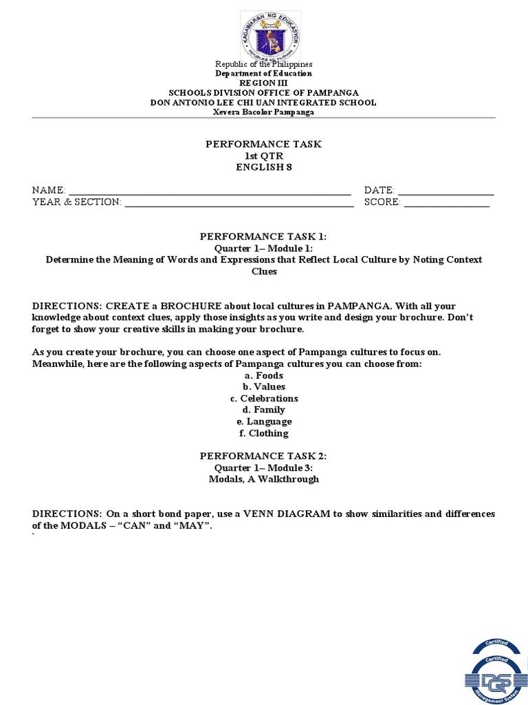 1st QTR PERFORMANCE TASK | PDF