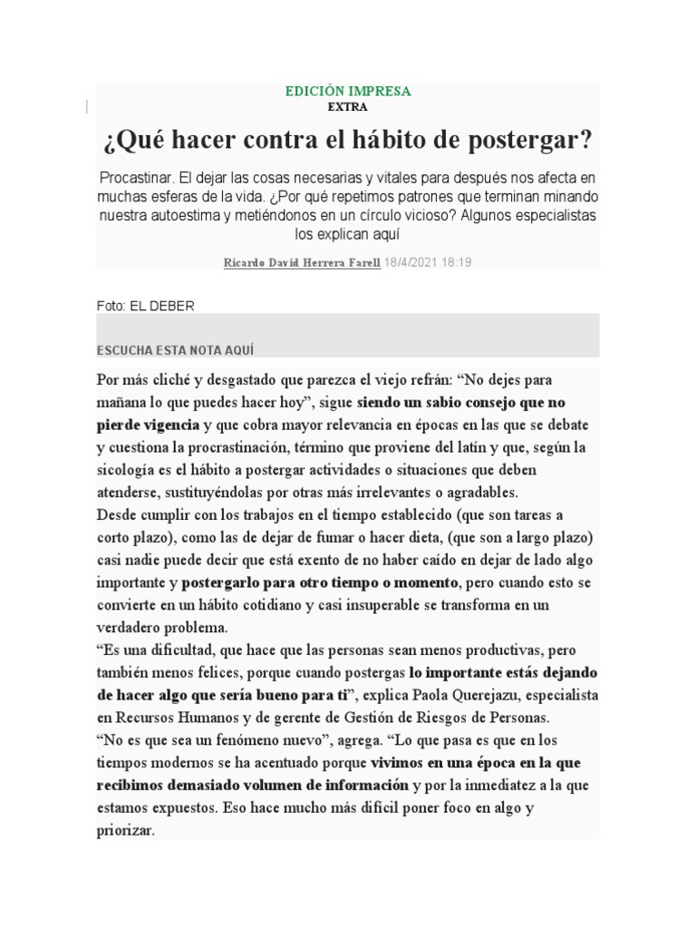 Lectura Hábito de Postergar | PDF | Dilación | Habilidades profesionales