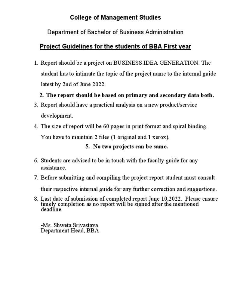 Guidelines For Project Report BBA 2nd Semester | PDF | Business