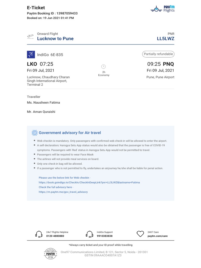 Lucknow to Pune Flight E-Ticket Details | PDF