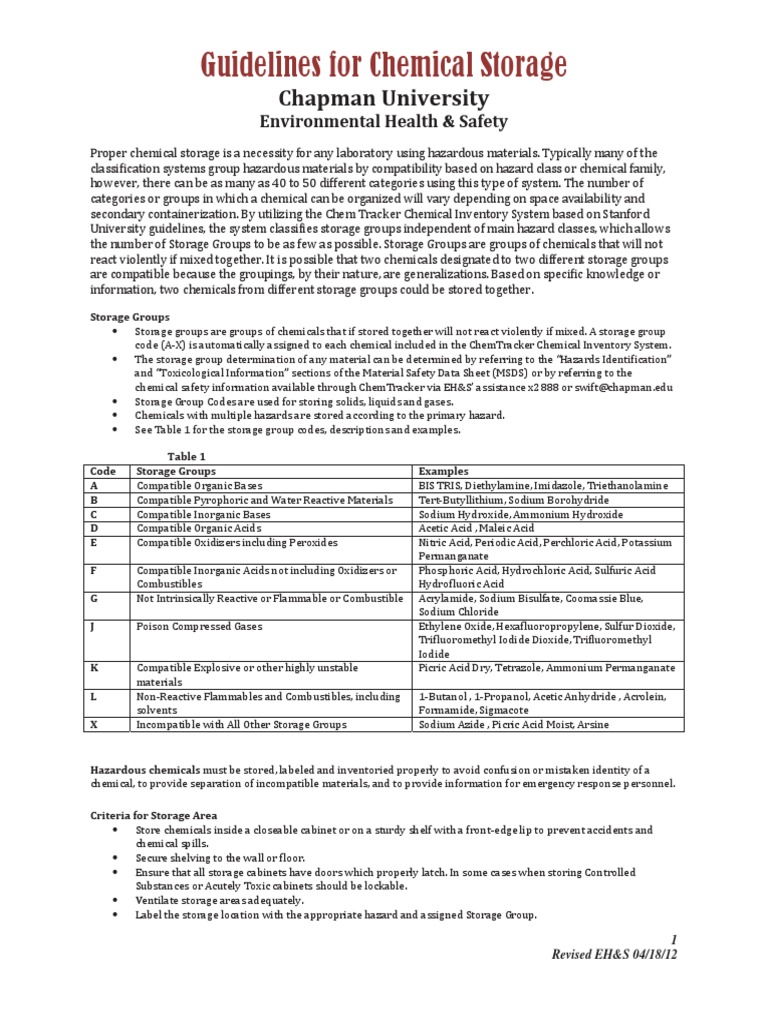 Guidelines For Chemical Storage | PDF | Amine | Organic Compounds