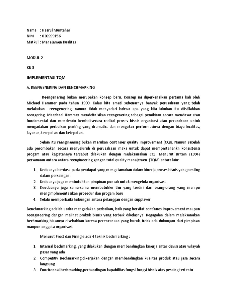 Implementasi TQM: Reengineering & Benchmarking | PDF