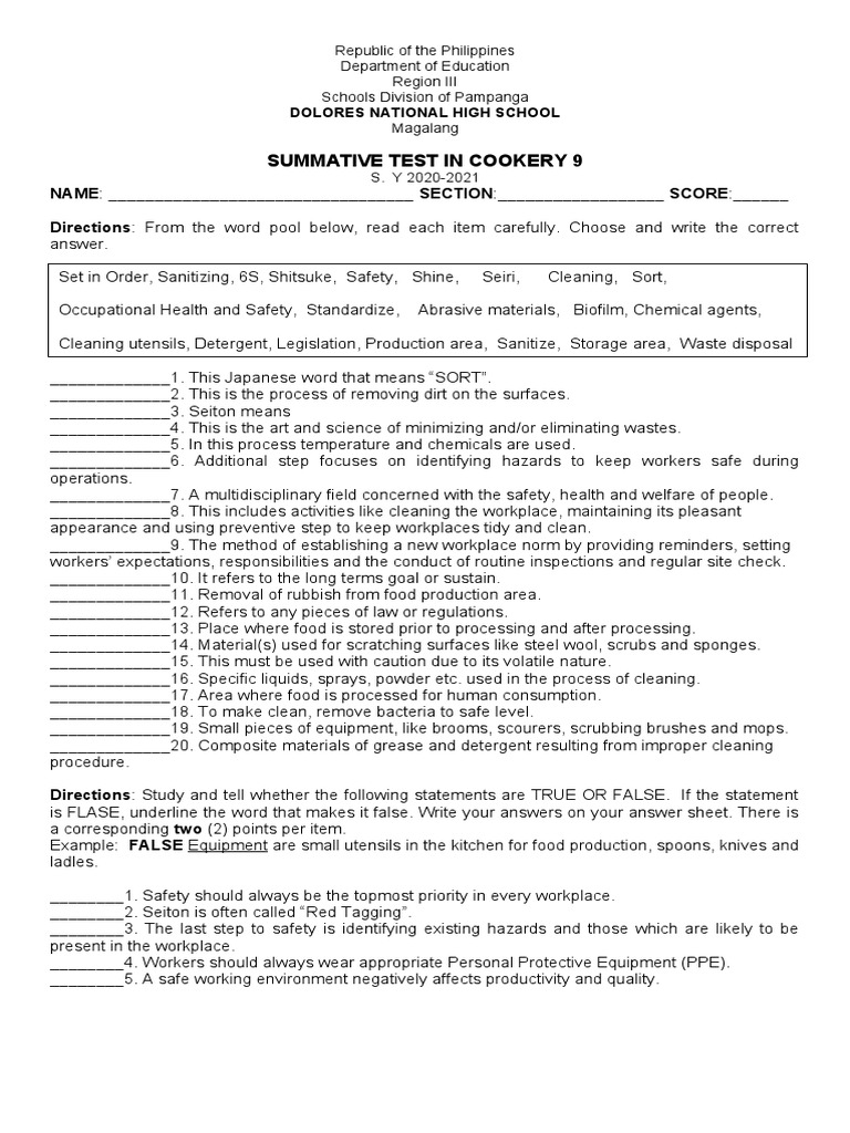 Cookery 9 Summative Test Guide | PDF | Foods | Safety