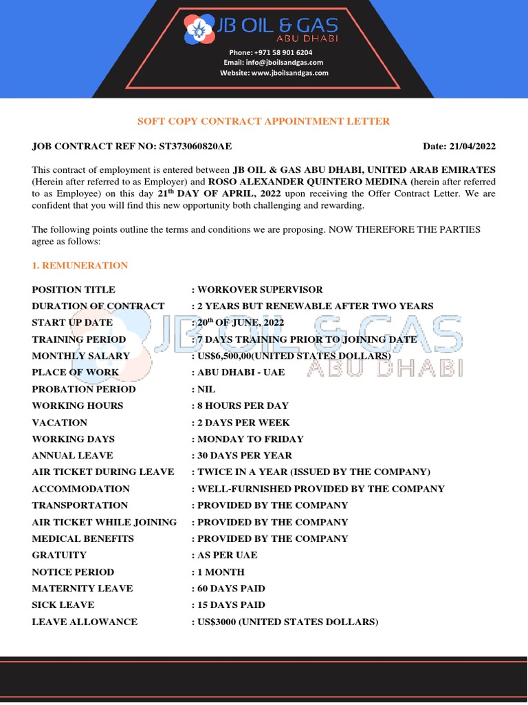 JB Oil and Gas Contract Agreement | PDF | United Arab Emirates | Employment