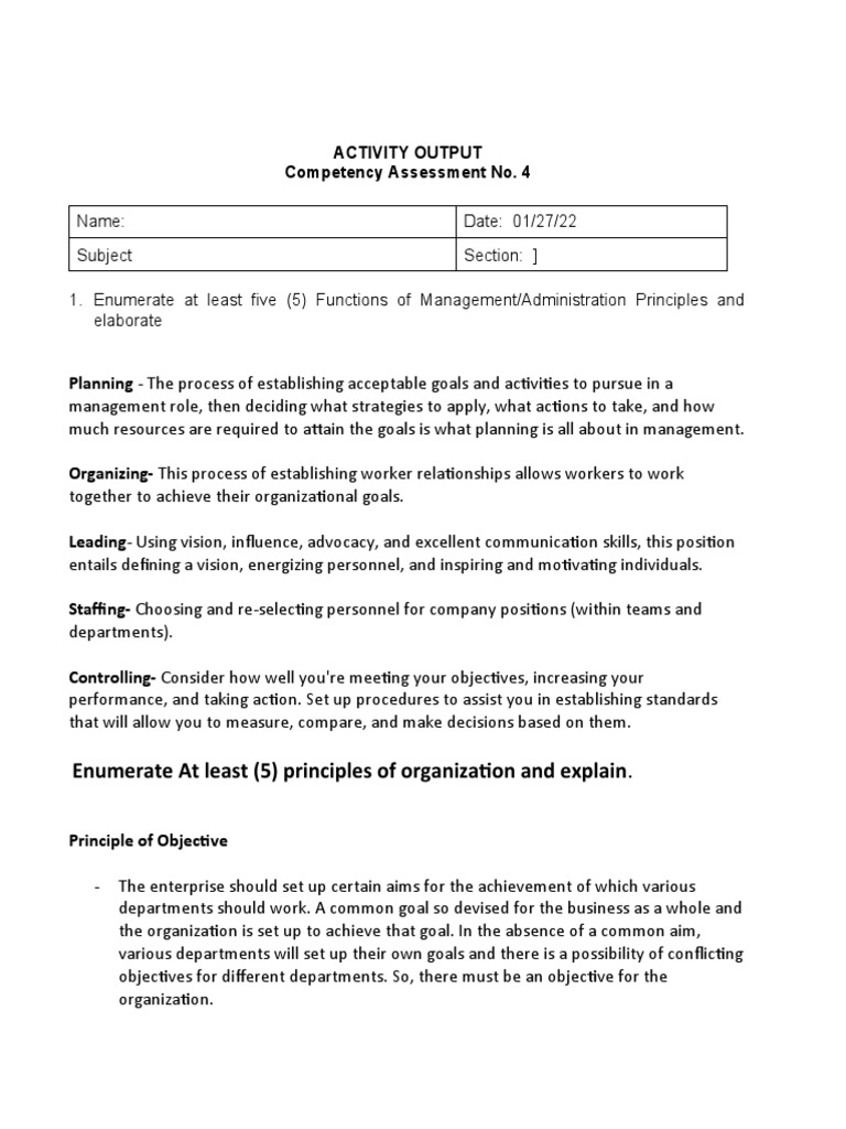 Enumerate at Least (5) Principles of Organization and Explain ...